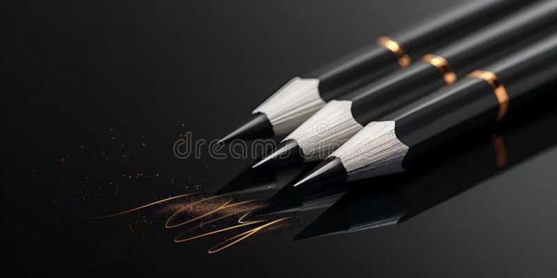 Three Black Sharpened Pencils with Golden Line, in a Row on a ...