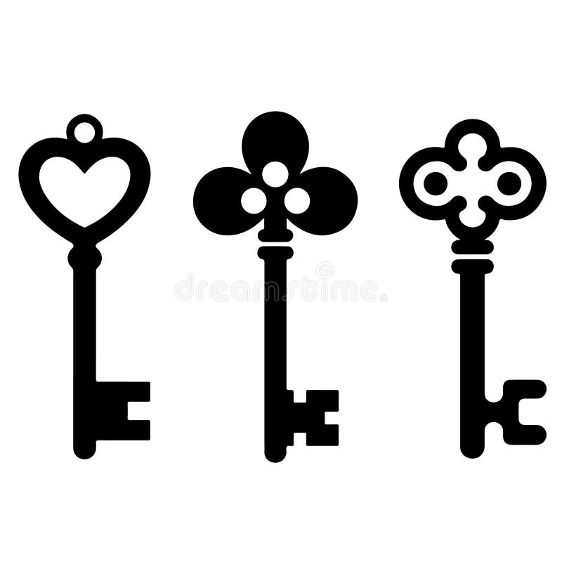 Three Black Silhouette Keys with Distinctive Bow Designs. the First Key ...