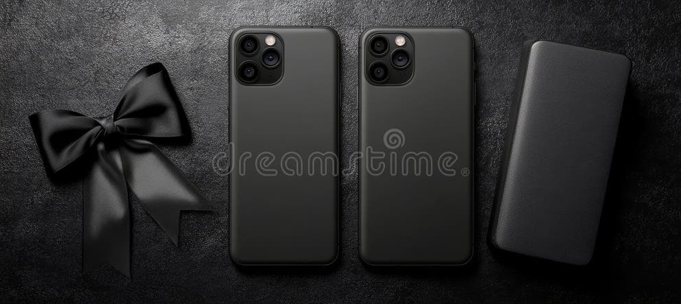 Three Black Smartphones with Triple Camera System on Black Textured ...