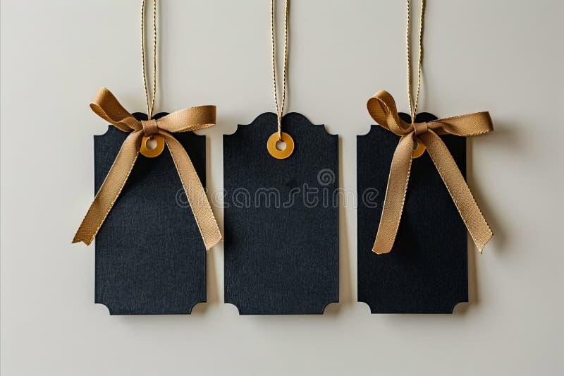 Three Black Tags with Gold Ribbons Hanging from Them on a String Stock ...
