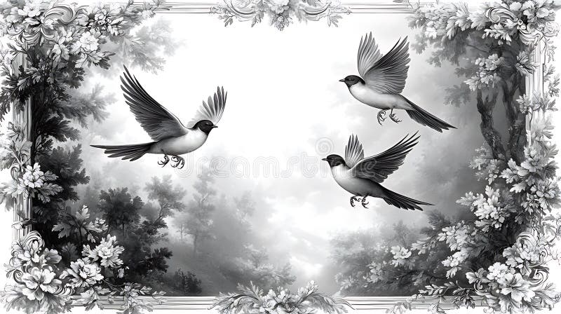 Three Black and White Birds Flying in a Framed Forest Scene Stock ...
