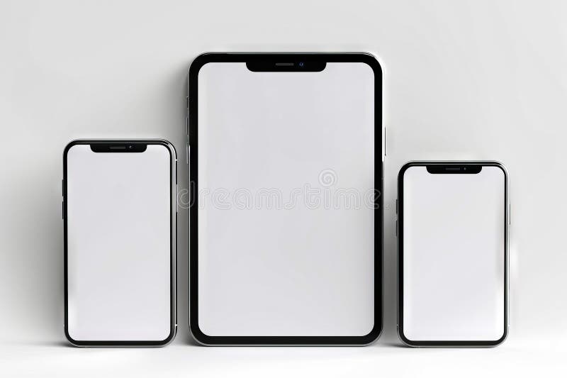 Three Black and White Cell Phones with Blank Screens on Them, One of ...