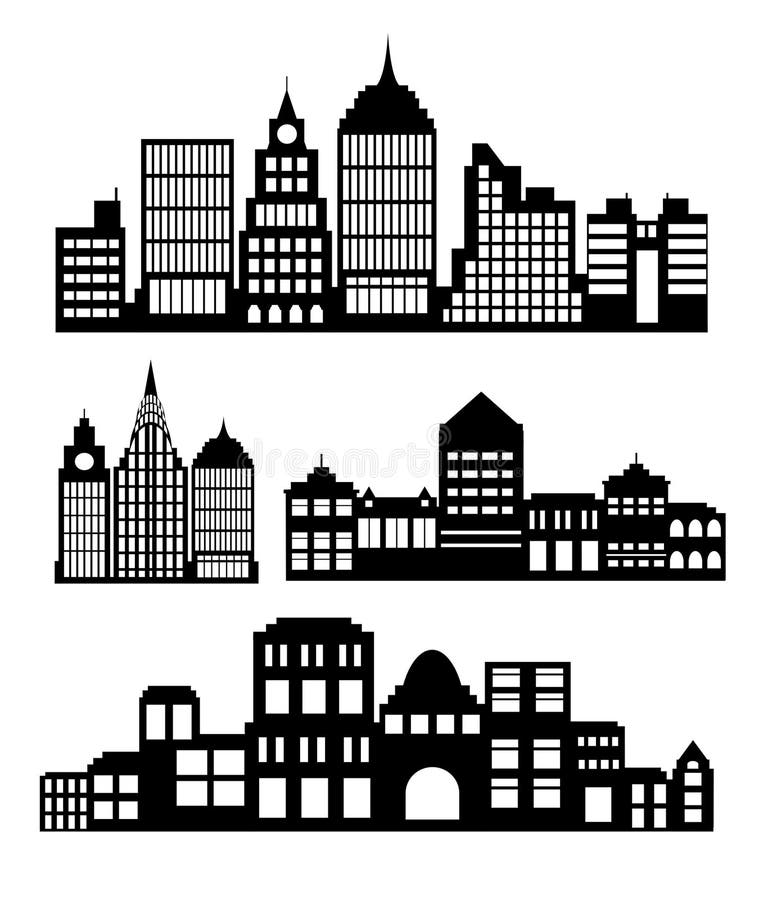 Three Black and White City Skylines Forming a Pattern Stock Vector ...