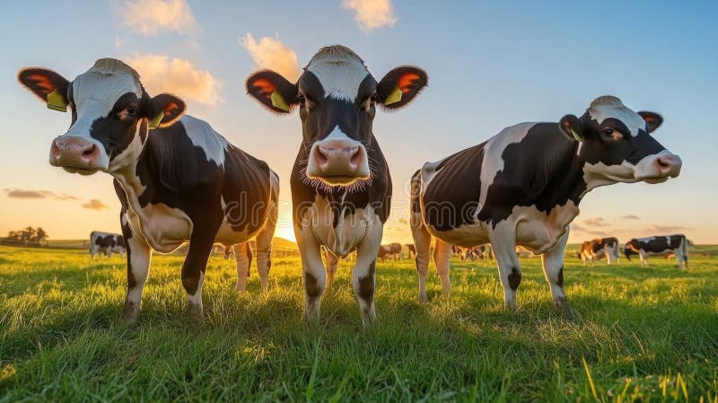 Three Black and White Cows in a Field at Sunset Stock Illustration ...