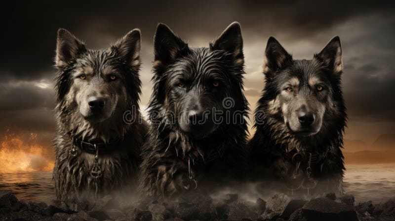 Three Black and White Dogs Standing in Front of a Sunset. Generative AI ...