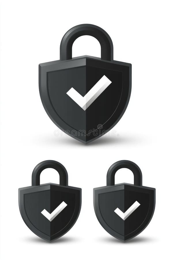 Three Black and White Security Shields with a White Check Mark on Them ...
