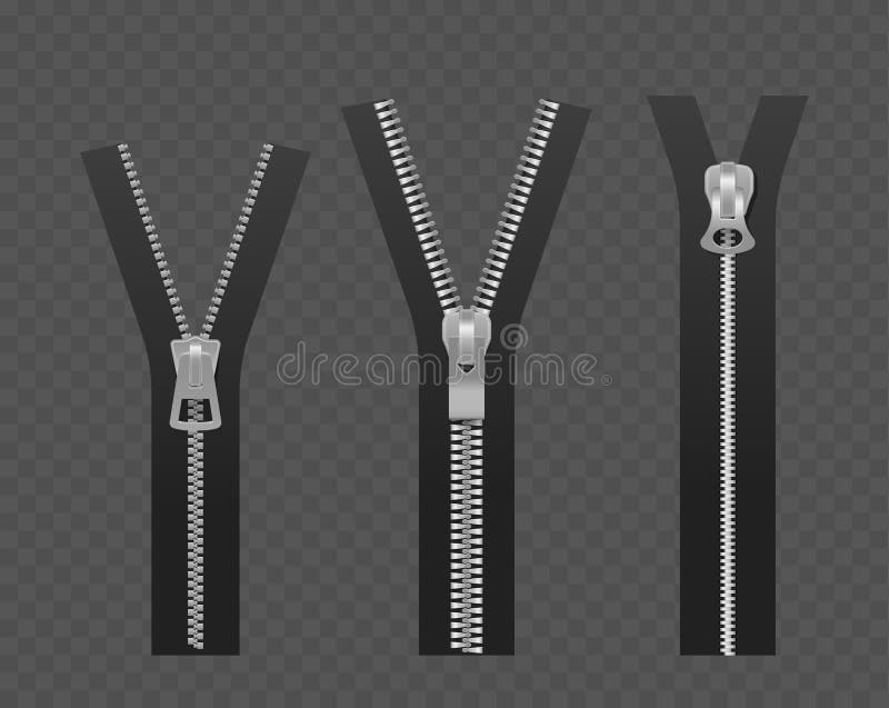 Three Black Zippers with Metallic Sliders Isolated on Transparent ...