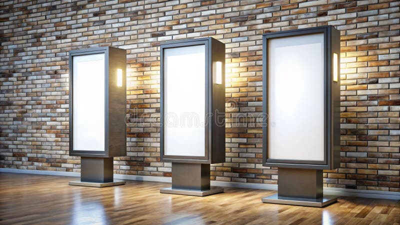 Three Blank Advertising Signs on a Brick Wall in a Modern Interior ...