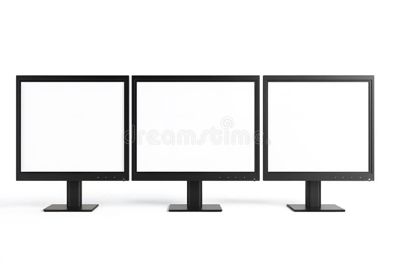 Three Blank Computer Monitors with Empty White Screens Displayed on a ...