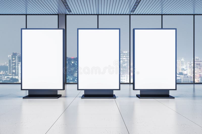 Three Blank Digital Displays in Modern Office Interior with City View ...