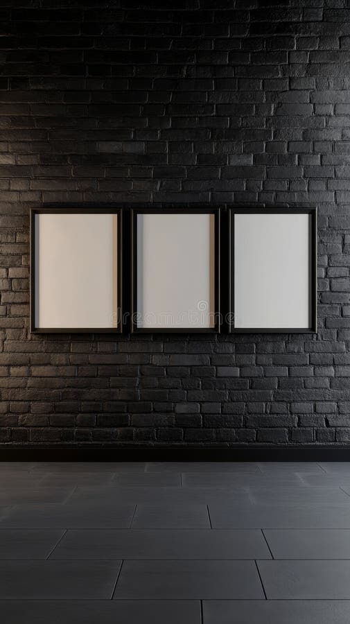 Three Blank Frames on a Dark Brick Wall in Minimalist Interior Stock ...
