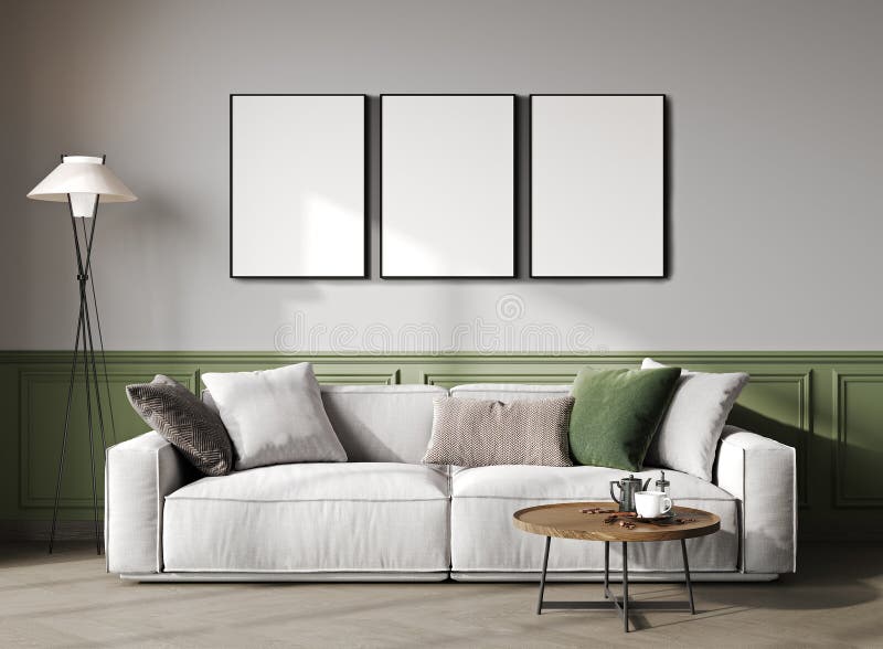 Three Blank Frames Mock Up in Modern Living Room Interior, Minimalist ...