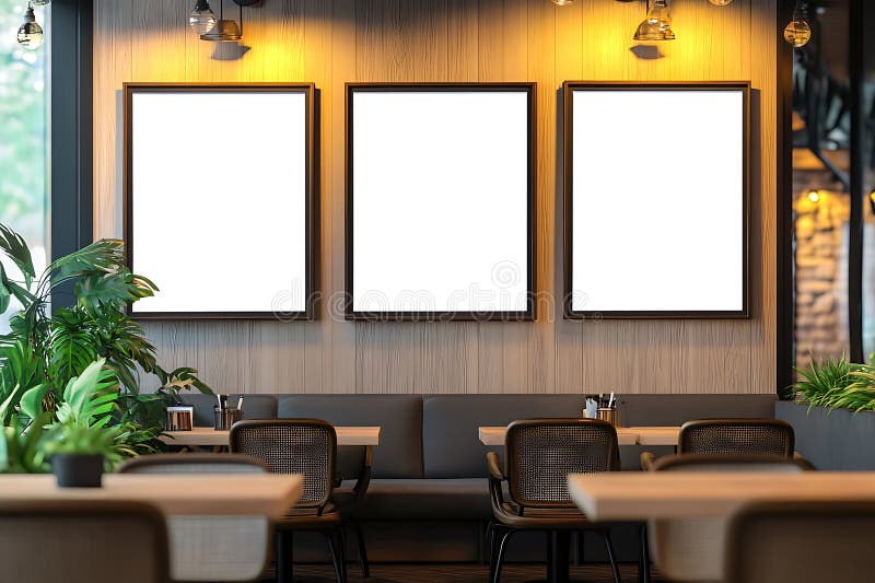 Three Blank Frames in Modern Cafe Interior Stock Illustration ...