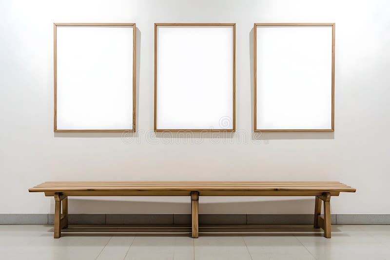 Three Blank Frames and Wooden Bench Gallery Wall Stock Illustration ...