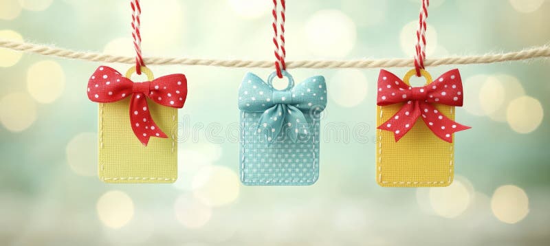 Three Blank Gift Tags, Yellow and Blue with Red and Blue Bows, Hanging ...