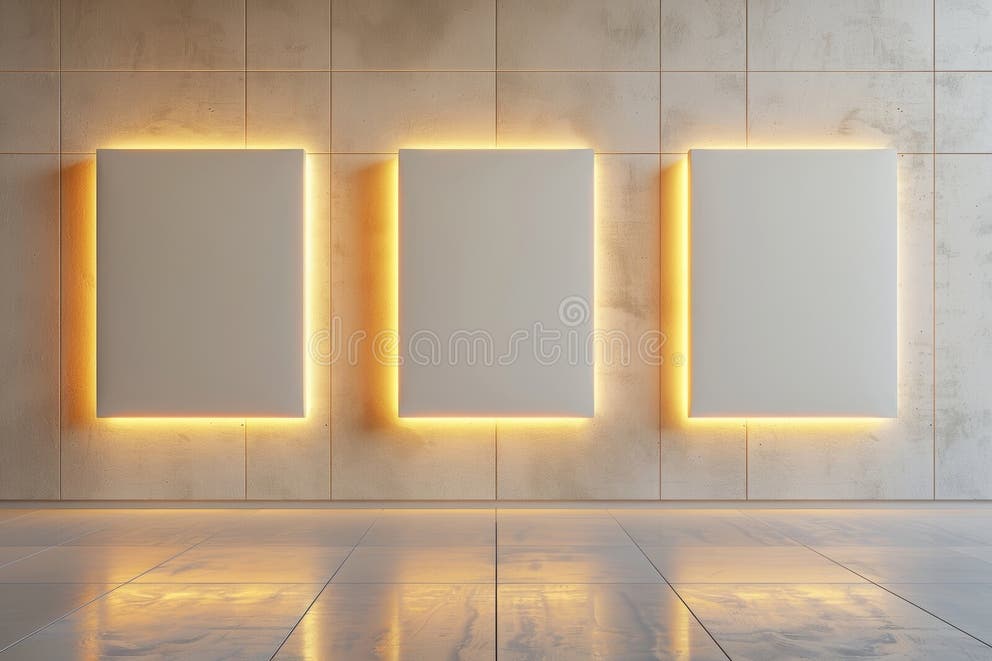 Three Blank Illuminated Backlit Posters on a Wall. Empty Space for Your ...