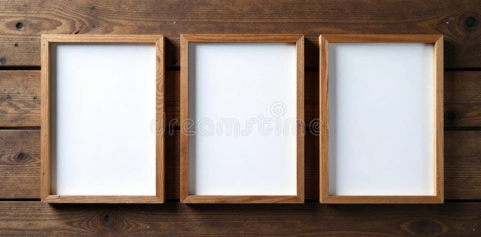 Three Blank Instant Photo Frames on Rustic Wood Table, Simple, Triple ...