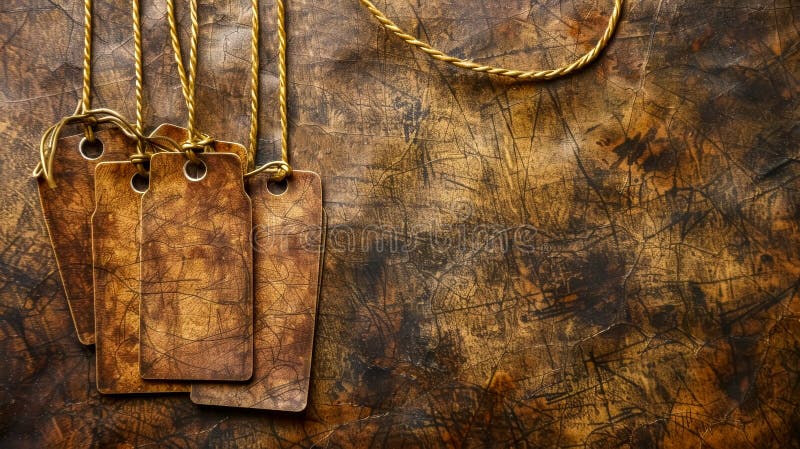 Vintage Leather Tags on Rustic Background Stock Photo - Image of string ...