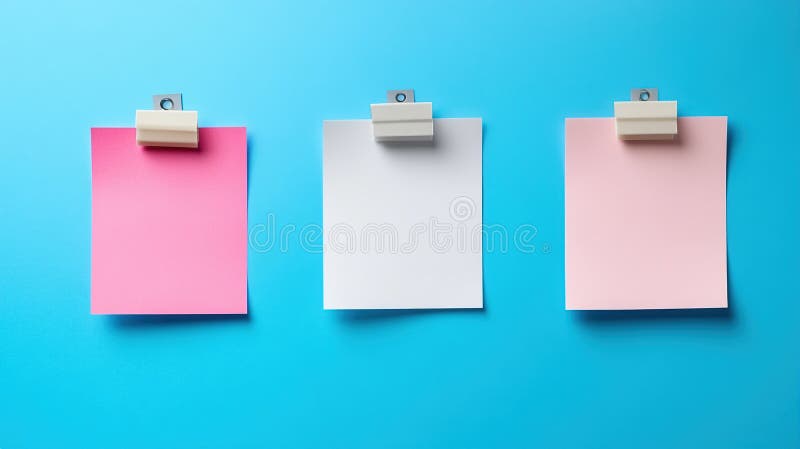 Three Blank Note Papers with Clips on a Blue Background Stock ...