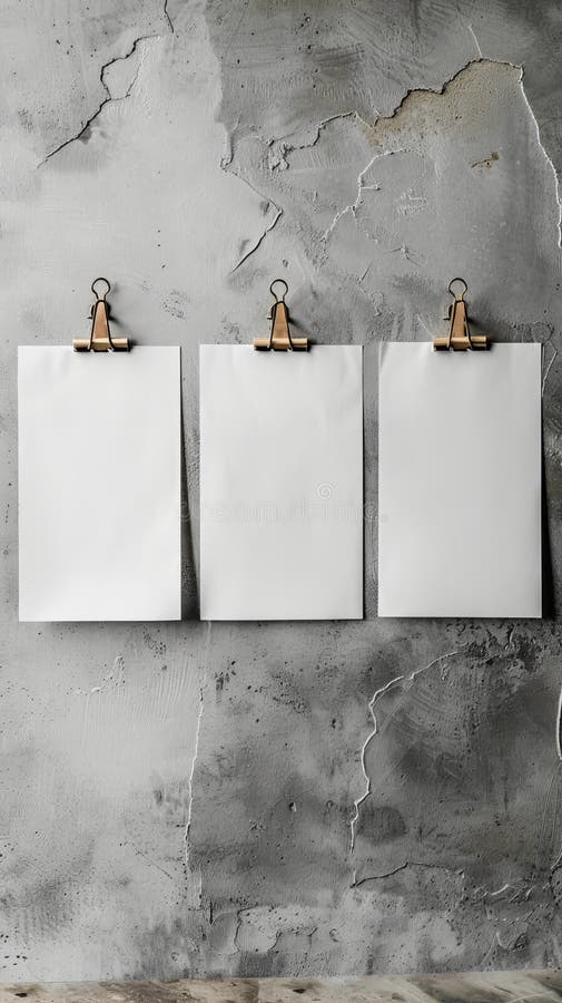 Three Blank Papers on Rustic Wall with Clip Holders, Minimalist Design ...
