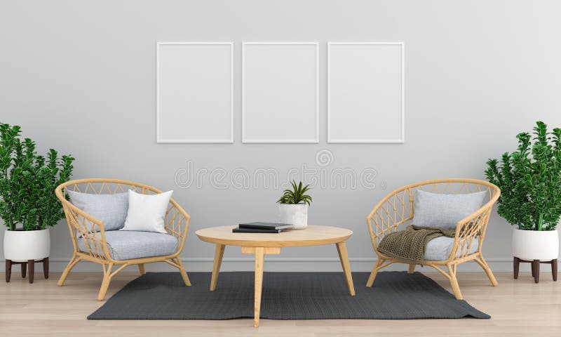Three Blank Photo Frame for Mockup in Living Room, 3D Rendering Stock ...