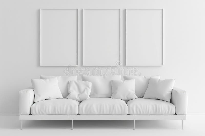 Three Blank Photo Frames Over Modern White Couch, Interior Decor Mock ...