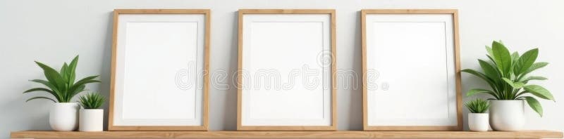 Three Blank Picture Frames Above a Wooden Shelf with Plants and ...