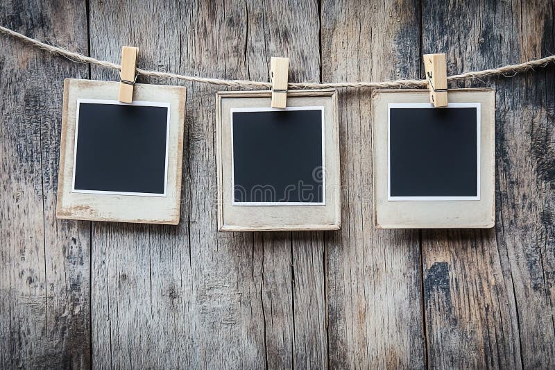 Three Blank Polaroid Frames Hanging Rustic Wooden Background Stock ...