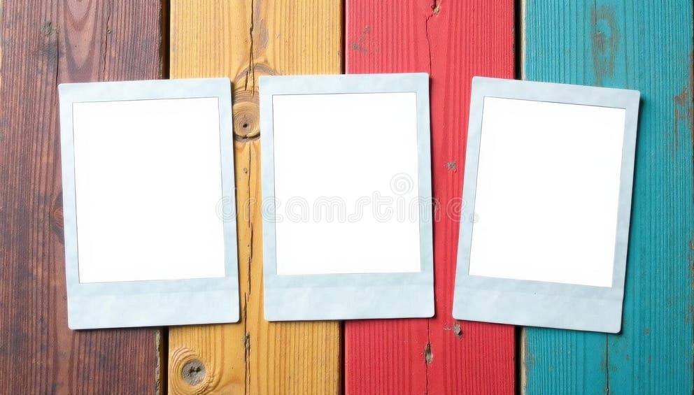 Three Blank Polaroid Frames on Vibrant Wood Grain Backdrop, Empty ...