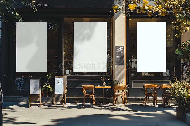Three Blank Posters on Cafe Storefront Stock Illustration ...