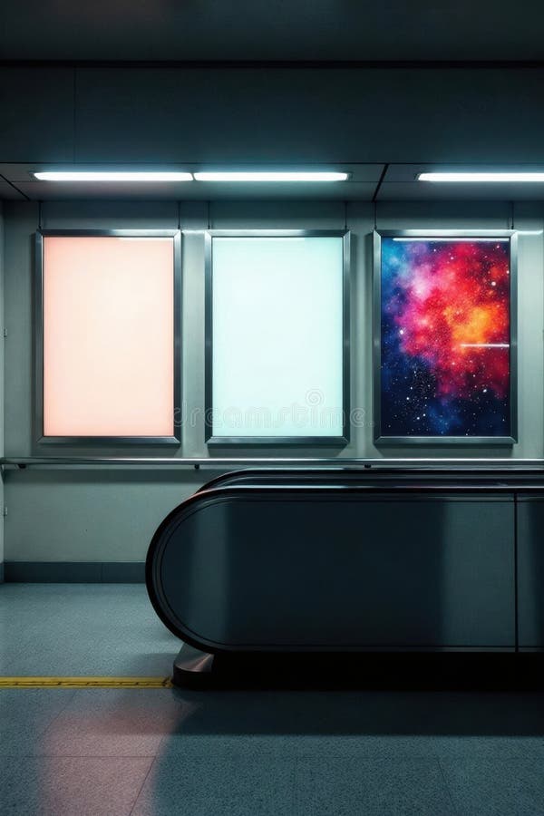 Three Blank Posters on Metro Station Wall, Escalator Visible ...