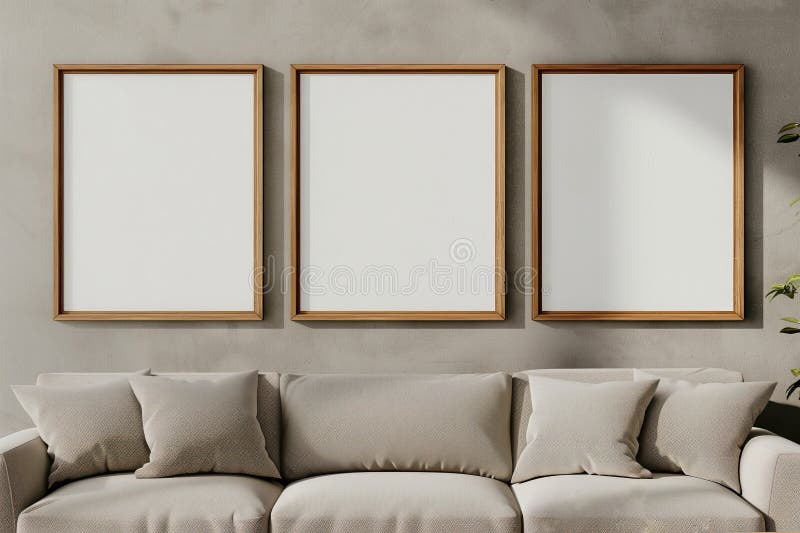 Three Blank Posters Mockups in Wooden Frames on a Concrete Wall in a ...