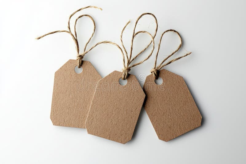 Three Blank Rustic Kraft Paper Tags with Twine on a White Background ...