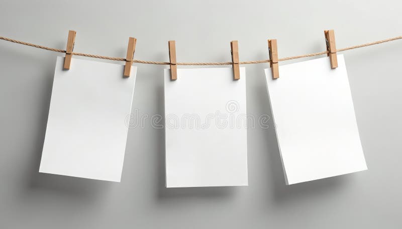 Three Blank Sheets Hang from String with Wooden Pegs Against Neutral ...