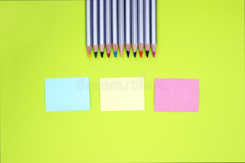 Three Blank Stickers and Colorful Pencils. Place for Text Stock Photo ...