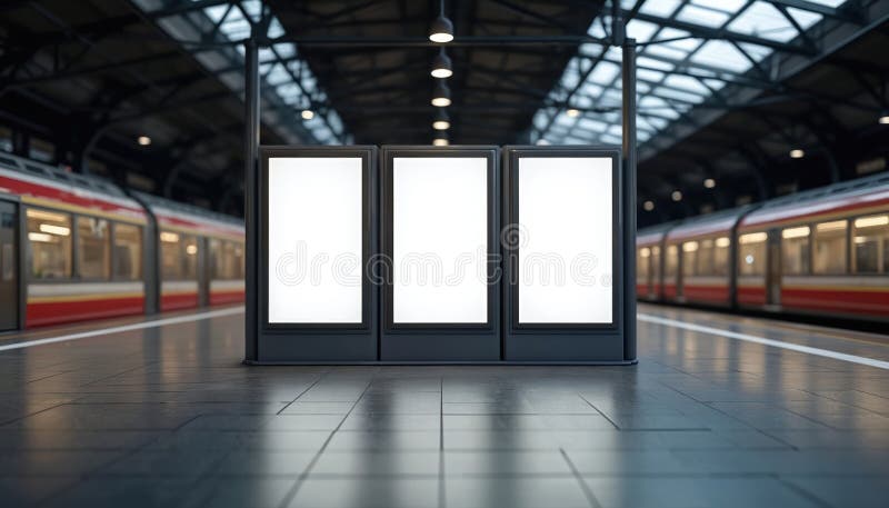 Three Blank Vertical Digital Signboards Mockup at Railway Station ...