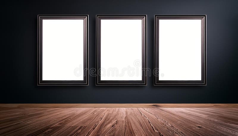 Three Blank Vertical Frames on a Dark Wall with Wooden Flooring in a ...
