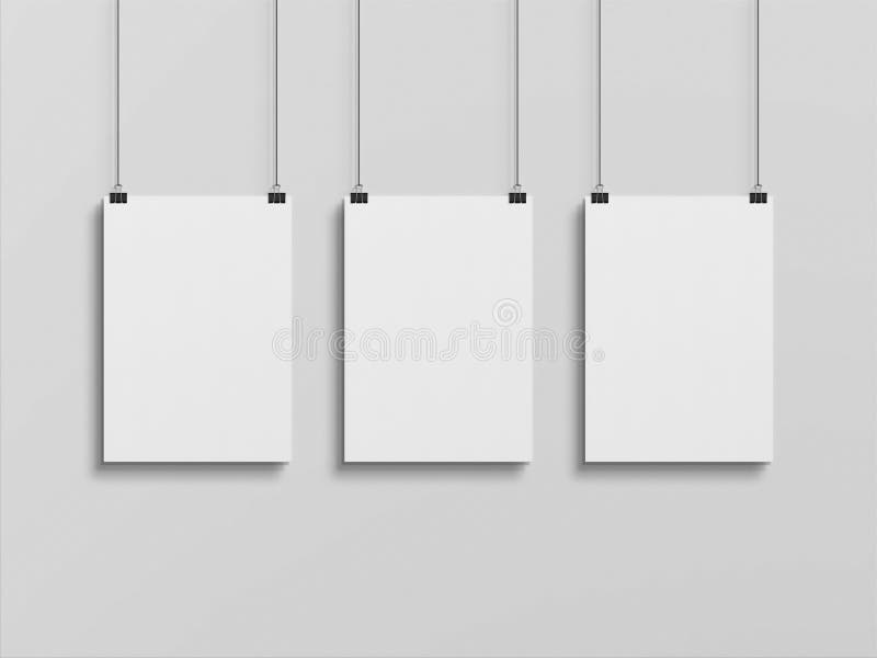 Three Blank Vertical Poster Hanging with Clips on a Wall Mockup. 3D ...