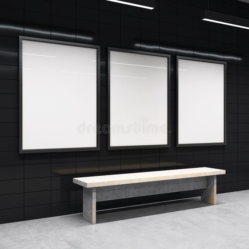 Three Blank Vertical Posters with a Bench in a Modern Subway-like ...