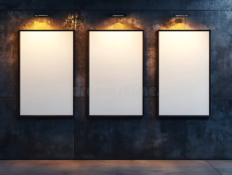 Three Blank Vertical Posters on a Dramatic Dark Concrete Wall Stock ...
