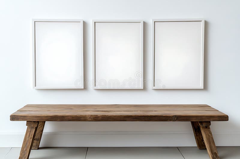 Three Blank White Frames on Wall Above Rustic Wooden Bench Mockup Stock ...