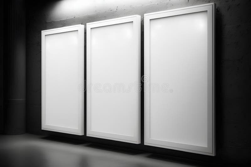 Three Blank White Posters on a Black Wall. 3d Rendering Stock ...