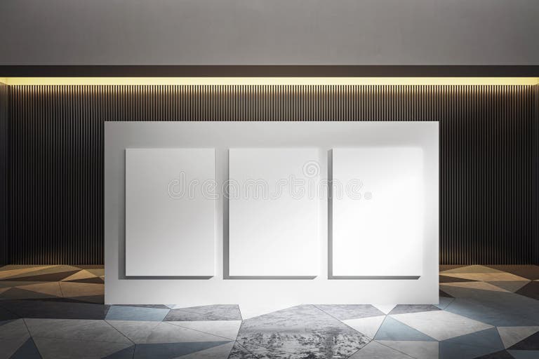 Three Blank White Posters in a Modern Gallery Interior with Geometric ...
