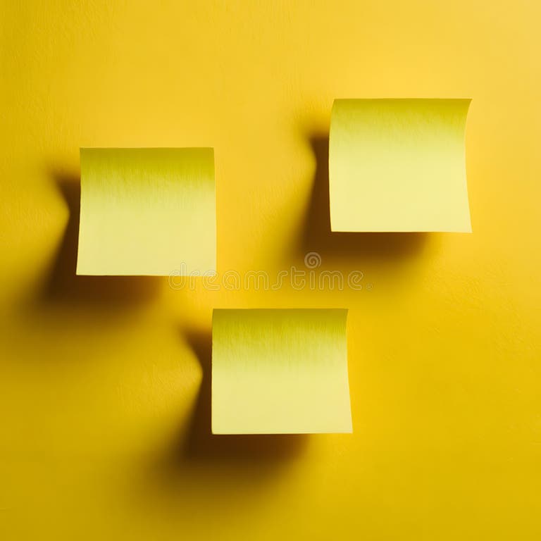 Three Blank Yellow Post it Notes on Yellow Background, Varied Angles ...