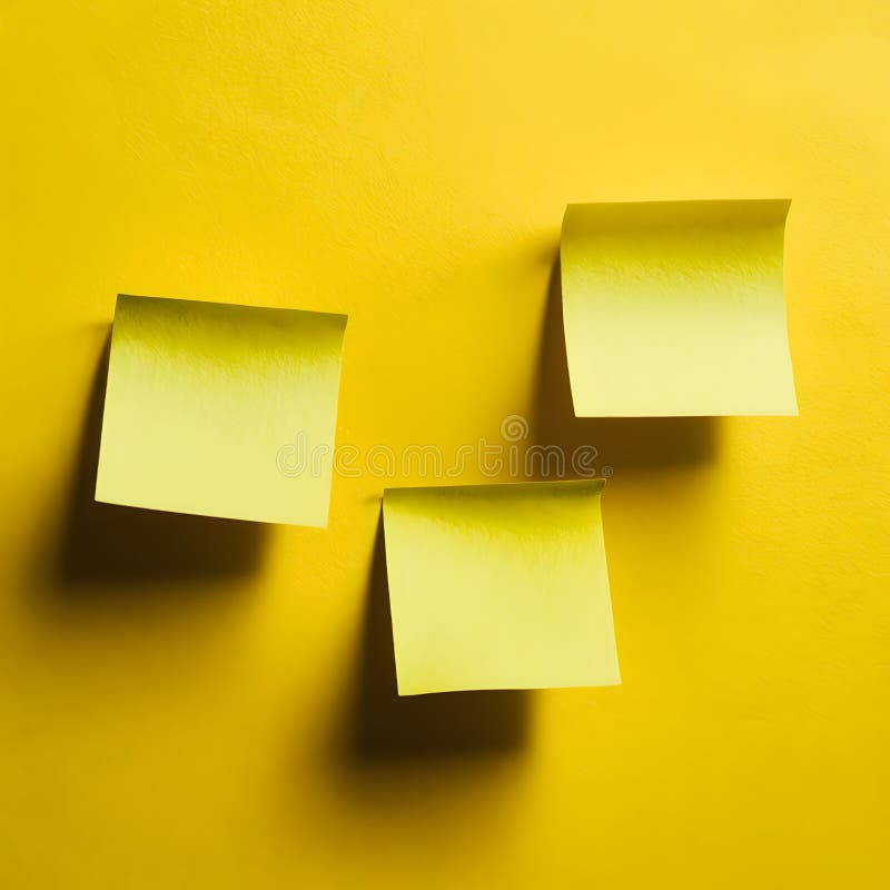Three Blank Yellow Post it Notes on Yellow Background, Varied Angles ...