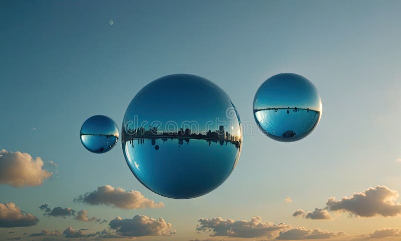Three Blue Balls are Floating in the Air, with the Reflection of the ...
