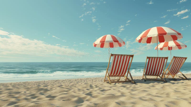 Three Blue Beach Chairs with Matching Umbrellas are Set Up on the Sandy ...