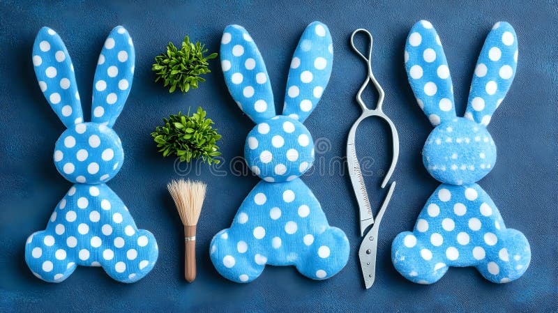 Three Blue Bunny-shaped Objects with White Polka Dots are Arranged on a ...