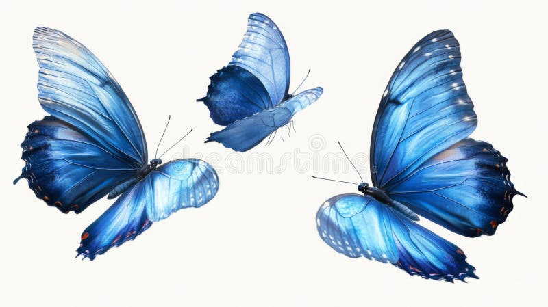 Three Blue Butterflies in Flight Against White Background Stock ...