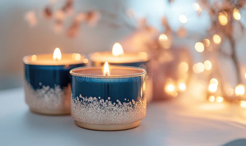Three Blue Candles with Gold Designs on Them are Lit Stock Photo ...